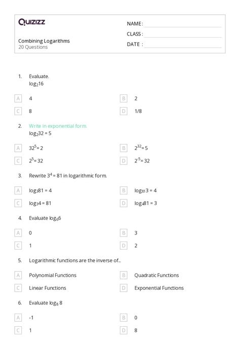 Printable Logarithms Worksheets For Class 10 Quizizz