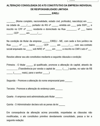 Exemplo de Alteração Contratual da Empresa Individual de