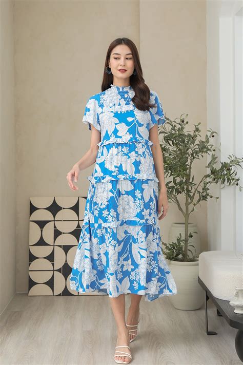 Botanica Graphica Florals Tier Midi Dress Lechicsg