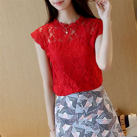 Lace Blouse Women Korean Style Plus Size Round Neck Hollow Blouse