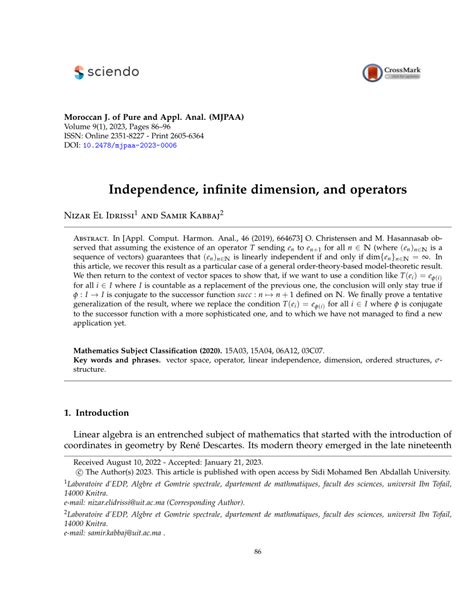 Pdf Independence Infinite Dimension And Operators