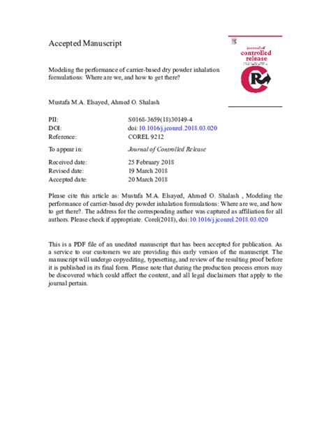 Pdf Modeling The Performance Of Carrier Based Dry Powder Inhalation Formulations Where Are We