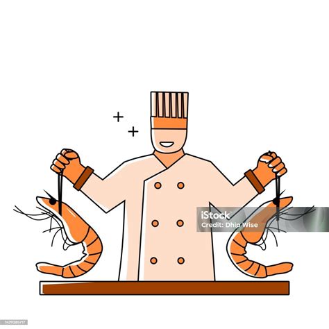 평면 디자인 개요 스타일을 사용하여 해산물을 요리하는 요리사의 그림 건강한 생활방식에 대한 스톡 벡터 아트 및 기타 이미지