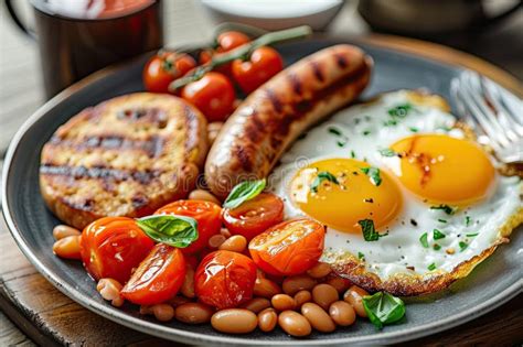 A Classic English Breakfast With Fried Eggs Sausages Baked Beans And