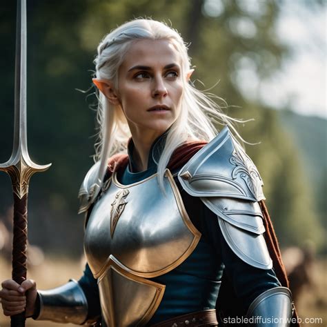 Female High Elf Cleric Of Low Level With White Hair Wearing Light Armor Wielding A Mace And