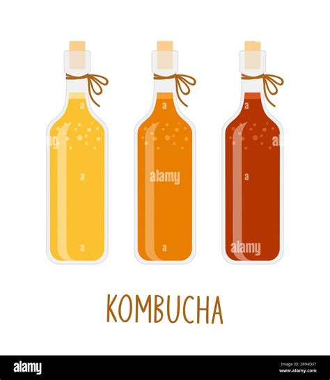 Homemade Kombucha Tea Of Different Colors In Glass Bottles On A White