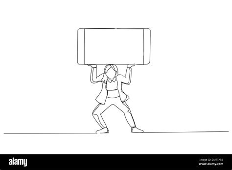Illustration Of Woman Is Balancing A Giant Cell Smart Phone Over His
