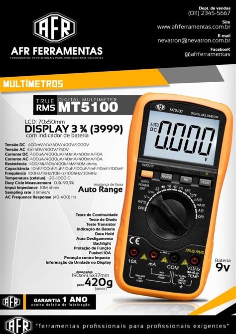 Multímetro Digital Capacímetro True Rms Afr Mt 5100 R 22400 Em