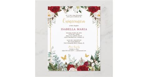 Budget Red Floral Butterfly Quinceañera Invitation Zazzle