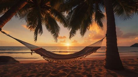 A Tropical Beach At Sunset With A Hammock Under A Palm Tree Generative Ai Stock Illustration