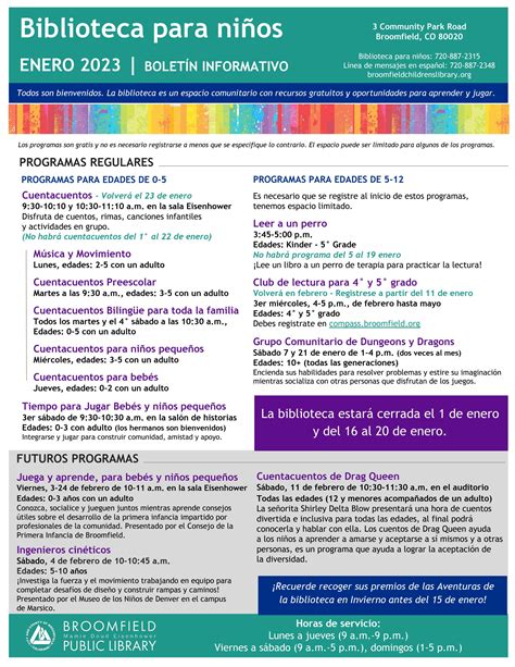 El Boletín Informativo Para Niños De La Biblioteca De Broomfield Enero 2023 By City And County