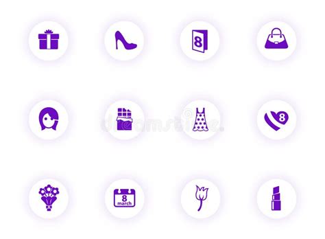March Purple Color Vector Icons On Light Round Buttons Stock Vector