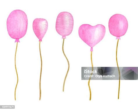 수채화 핑크 풍선 세트 아이들을위한 손으로 그린 귀여운 공기 풍선 아기 소녀 생일 축하 결혼식 발렌타인 데이 흰색 배경에 격리된