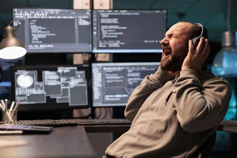 Funny Programmer Screaming And Listening To Music Stock Photo Image