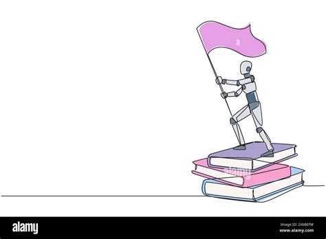 Continuous One Line Drawing Robots Standing On Stacks Of Giant Books