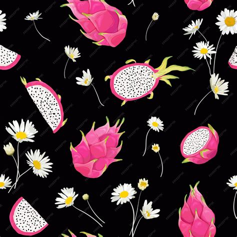 용 과일과 데이지 꽃 Pitaya 배경으로 완벽 한 패턴입니다 여름 낭만적인 표지 열대 벽지 빈티지 질감을 위한 수채화 스타일의 손으로 그린 벡터 그림 프리미엄 벡터