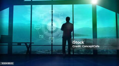 남자는 Iot 인포 그래픽 요소를 표시 하는 창으로 서 있다 3 차원 일러스트 레이 션 3차원 형태에 대한 스톡 사진 및 기타 이미지 3차원 형태 가정 생활 개념