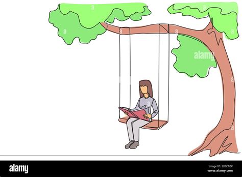 Single Continuous Line Drawing Woman Sitting On A Swing Under A Shady