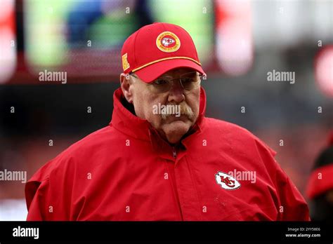 Kansas City Chiefs Head Coach Andy Reid Walks Off Of The Field At Half