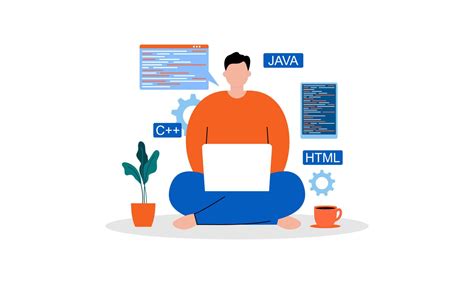 Man Programmer Is Working On His Laptop Coding And Programming 16915114 Vector Art At Vecteezy