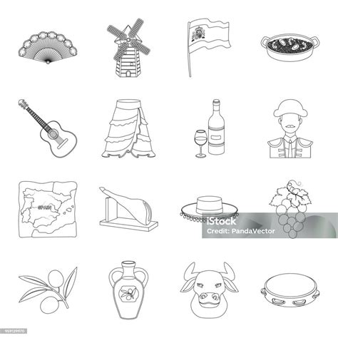 디자인에 대 한 설정된 컬렉션에서 스페인 국가 개요 아이콘 여행 및 관광 명소 기호 재고 웹 일러스트 벡터 Performing