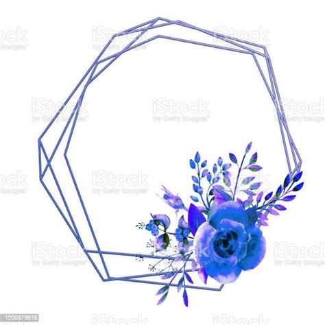 기하학적 프레임은 흰색 고립 된 배경에 파란색 장미 꽃으로 프레임됩니다 꽃 포스터 초대장 인사말 카드 또는 초대장의 장식 수채화 조성물 0명에 대한 스톡 벡터 아트 및 기타