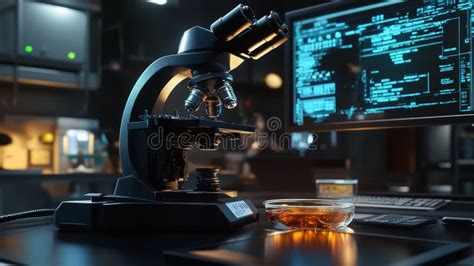 High Tech Laboratory Microscope With Data Visualization Stock Image