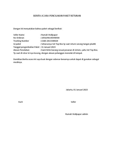 Contoh Berita Acara Penolakan Paket Returan 2 Pdf