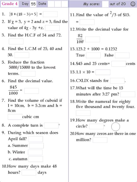 Mental Math Grade 4 Day 55 Grade 5 Math Worksheets 5th Grade Math