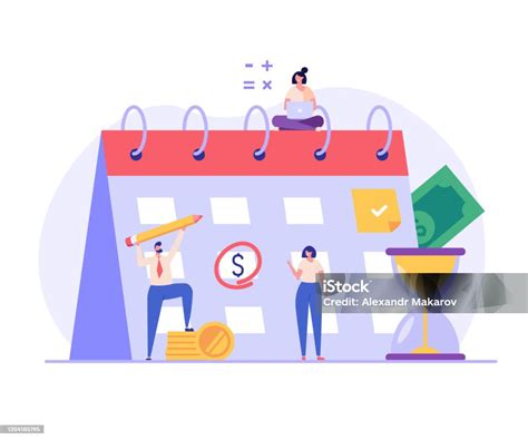 사람들은 기한이 있는 달력 근처에 서 있습니다 지불 날짜 금융 달력 금융 안정성 급여 일 성공의 개념 플랫 디자인의 벡터 일러스트레이션 달력에 대한 스톡 벡터 아트 및 기타