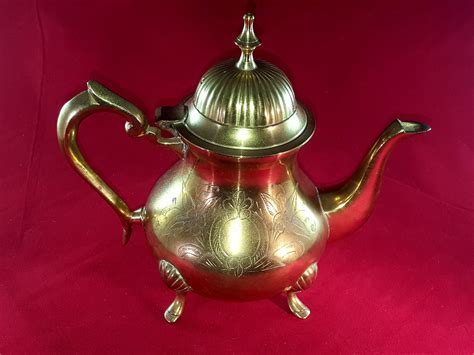 Vintage Etched Brass Footed Teapot With Hinged Lid Retro Etsy Tea