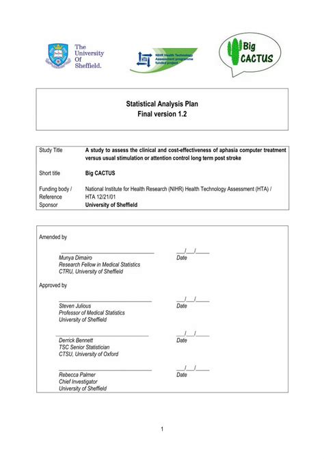 Pdf Statistical Analysis Plan Final Version 1file1 Statistical