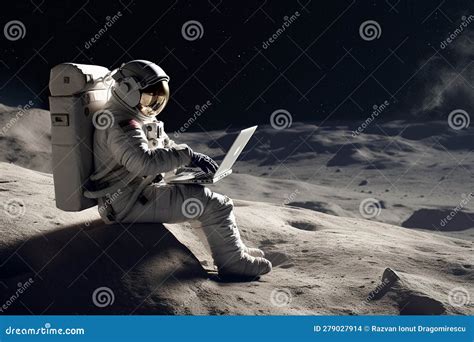 Illustration Featuring An Astronaut Standing On The Moon Typing On A Laptop Ai Generated Stock