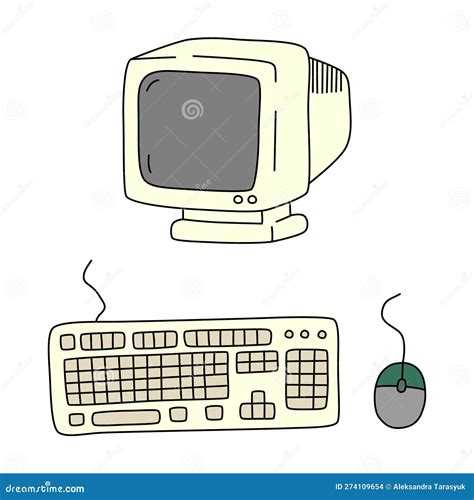 Monitor Keyboard And Computer Mouse In Cartoon Style Vector