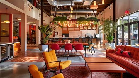 Modern Office Lounge With Yellow Chairs And Red Couch Stock Footage