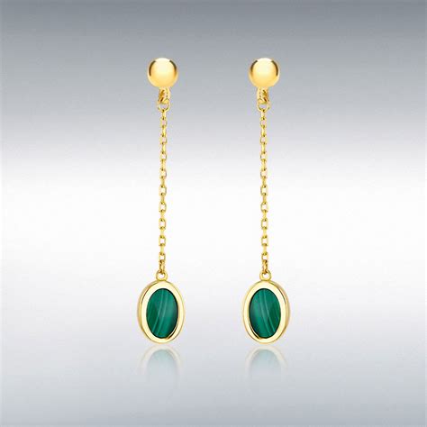9ct Yellow Gold 6mm X 375mm Oval Malachite Stud Earrings Inlay