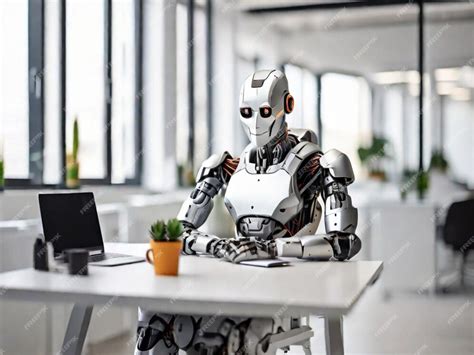Premium Ai Image A Modern Robot Works In An Office On A Laptop Demonstrating The Usefulness Of