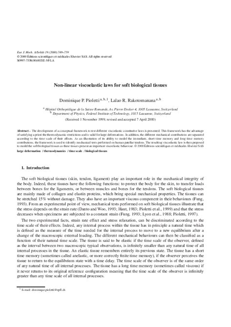 Pdf Non Linear Viscoelastic Laws For Soft Biological Tissues