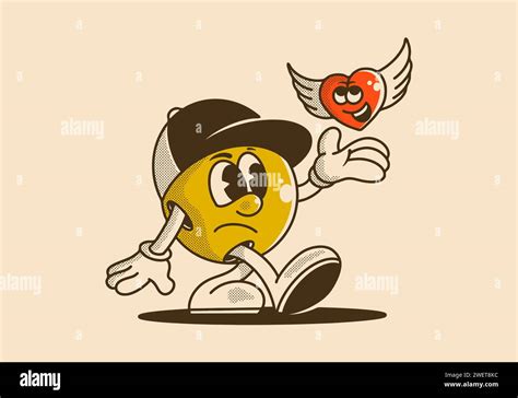 Mascot Character Illustration Of A Ball Head And Flying Heart Stock