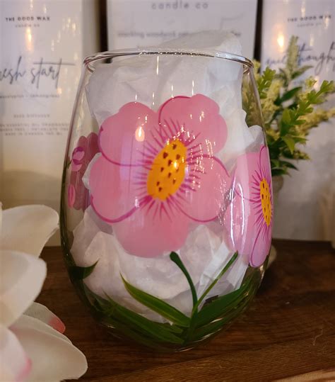 Stemless Floral Wine Glasses Vintage Rustic Decor