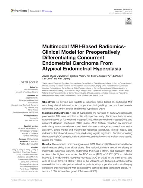 Pdf Multimodal Mri Based Radiomics Clinical Model For Preoperatively
