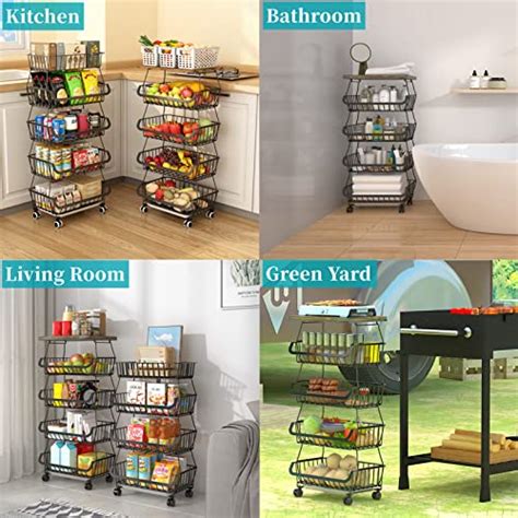 CHLORYARD Fruit Basket With Wooden Lid For Kitchen 5 Tier Stackable