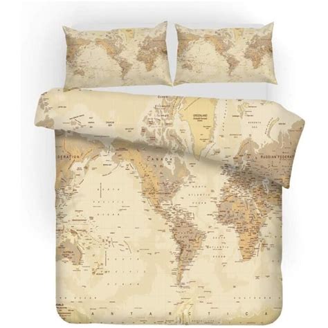 Housse de Couette Carte du Monde World Map Carte Antique Style Rétro Océan Bleu Terre Jaune