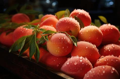 Hermosos Frutos De Melocotón Y Muchos Grumos De Melocotón En La Madera