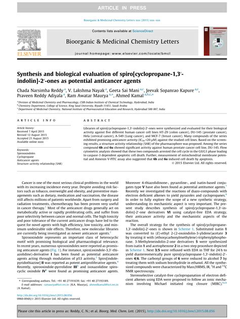 Pdf Synthesis And Biological Evaluation Of Spiro Cyclopropane 13 Indolin 2 Ones As
