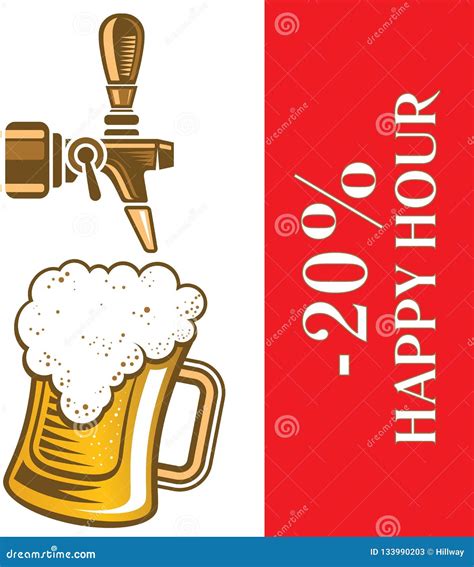 Happy Hour With Free Beer In Mug Under Beer Tap Stock Vector
