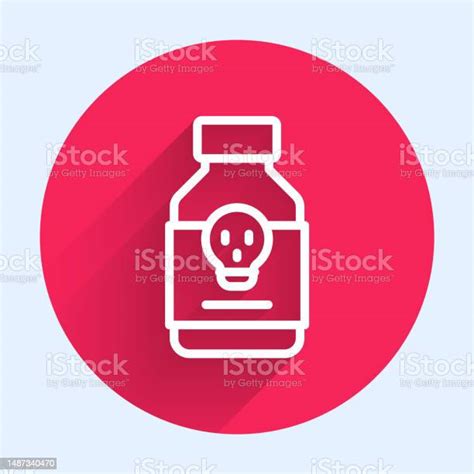하얀 선 독이 든 알약 아이콘은 긴 그림자 배경으로 분리되어 있습니다 독소가 든 알약 위험한 약물 빨간색 원 버튼입니다 벡터 건강 진단에 대한 스톡 벡터 아트 및 기타