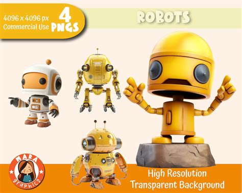 Cute 3d Robot Clipart Set High Resolution Pngs 4 Different