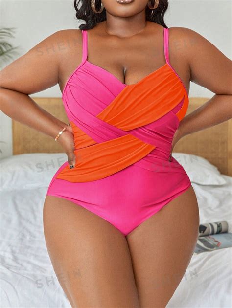 SHEIN Slayr Summer Beach Plus Two Tone Ruched One Piece Swimsuit