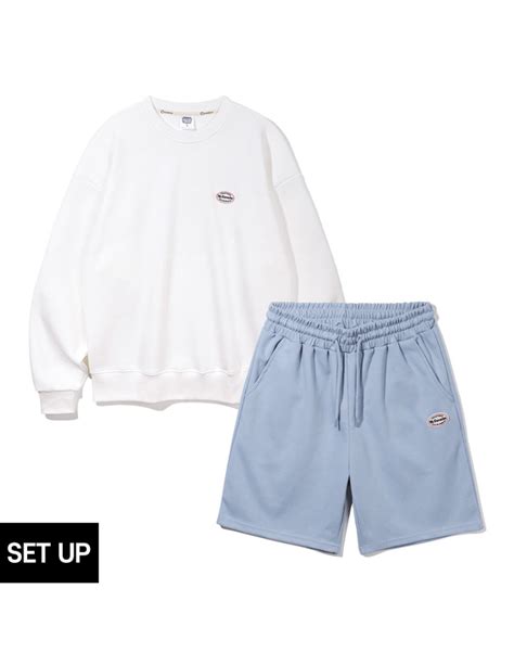 Set 앨빈클로 와펜 오버핏 맨투맨 코튼 밴딩 반바지 셋업